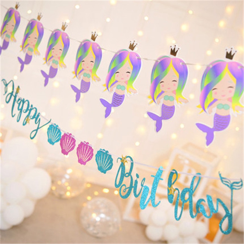 Popkozzi 12Pcs/set Crown Mermaid Bunting Flag Banner Birthday Wedding ...