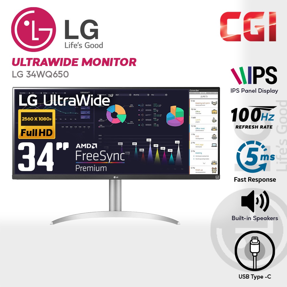 LG 34” 34WQ650 IPS FHD DisplayHDR 400 FreeSync Build In Speaker Type-C ...