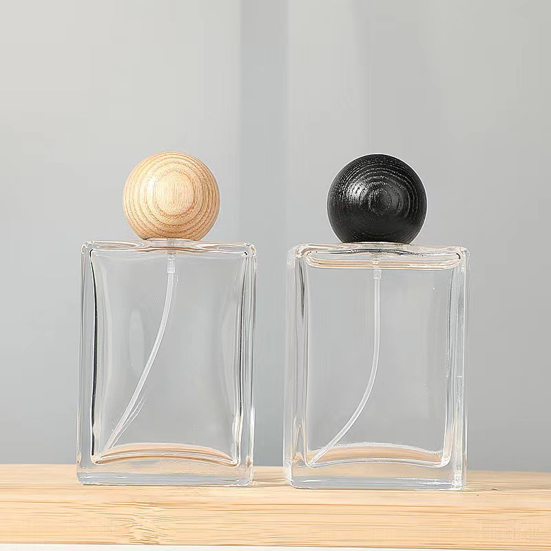 100ml Perfume Bottle Square Spherical Wood Cap Refillable Spray Bottle ...