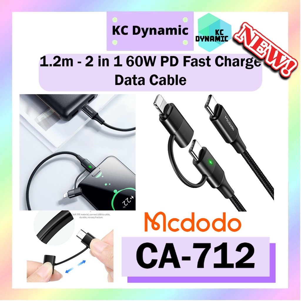 Mcdodo CA-712 60W 2 in 1 PD Fast Charge Data Cable Type-C IP 2in1 Fast Charging Cable CA-7120 ...