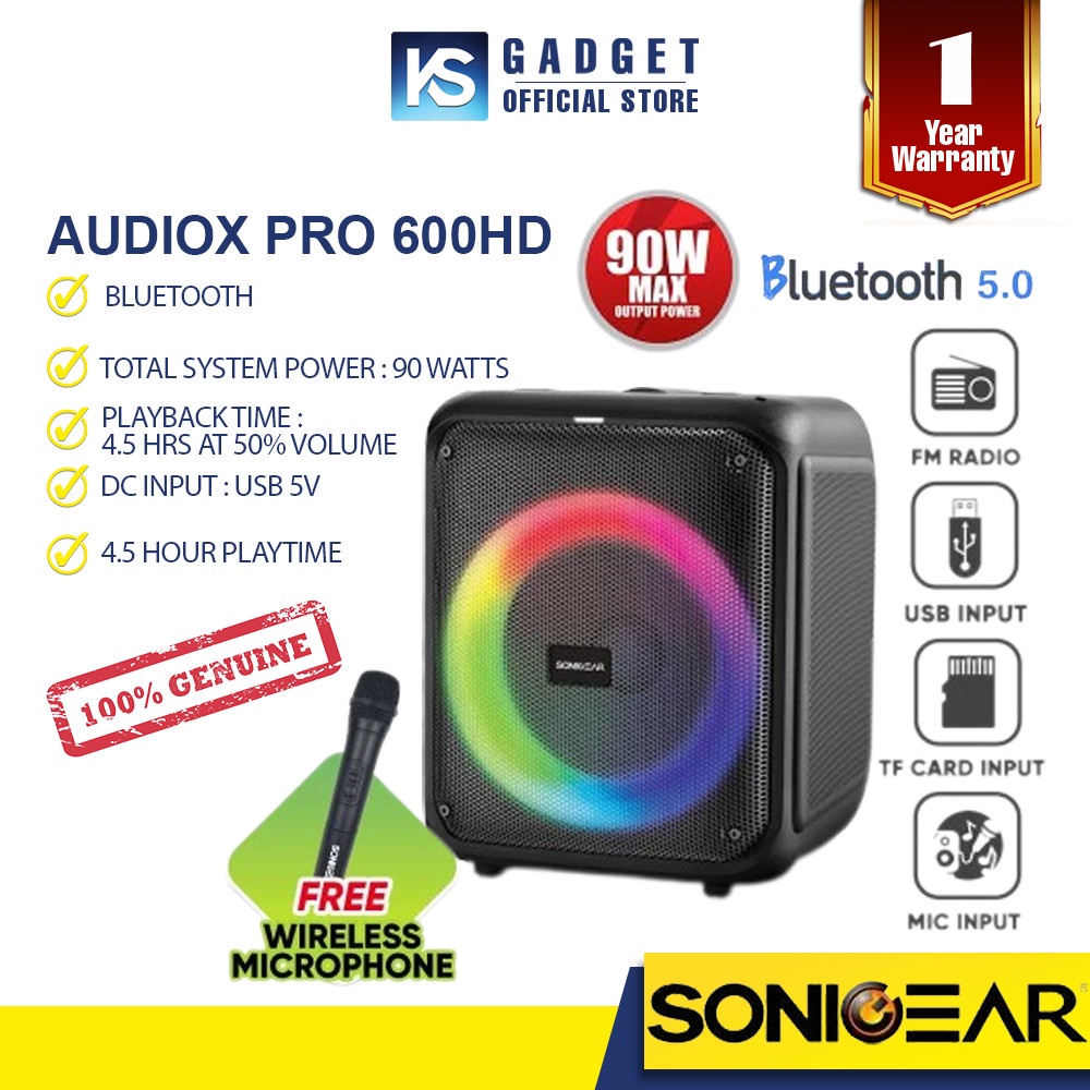 SonicGear Audiox PRO 600HD Portable Bluetooth Speaker with Phone Docking | Free Wireless Mic ...