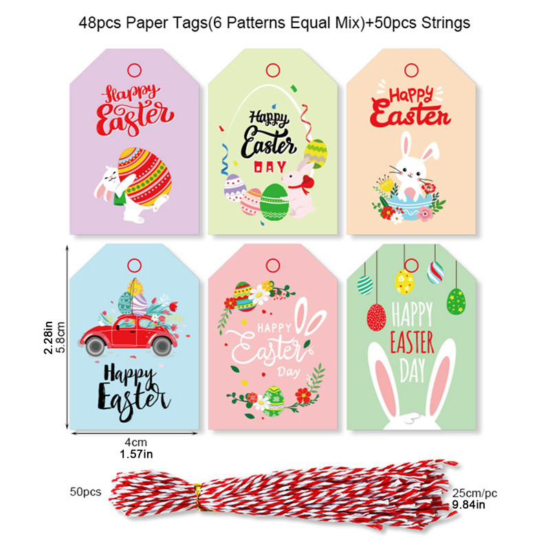 BCF 48Pcs Happy Easter Day Gift Tags Card Bunny Rabbit Print Hang Tag ...