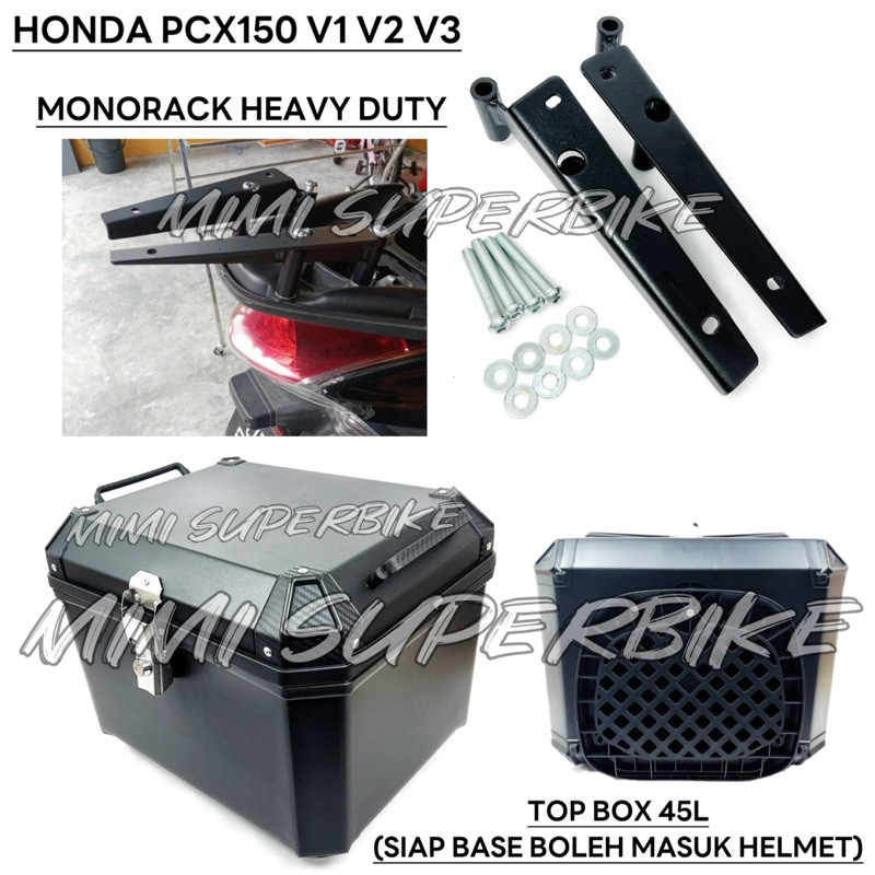 HONDA PCX150 PCX V1 V2 V3 2015+ MONORACK HEAVY DUTY & TOP BOX ABS 45L 45 L RACK CARRIER PLASTIC ...