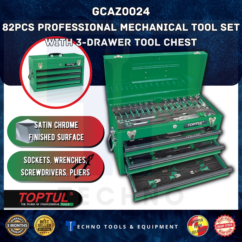 TOPTUL GCAZ0024 82PCS Professional Mechanical Tool Set W/3-Drawer Tool ...