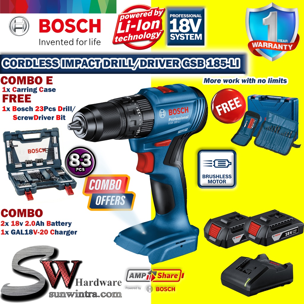 COMBO Bosch 18V Cordless Impact Drill / Driver GSB 185-LI GSB185 83x V ...