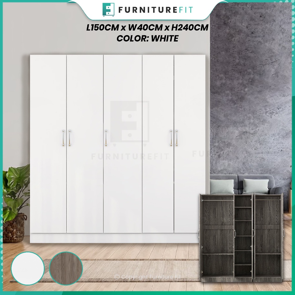 [COMBO] FurnitureFit 3+2 Door Wardrobe With Shelf | Almari 5 pintu | Almari baju putih | White ...