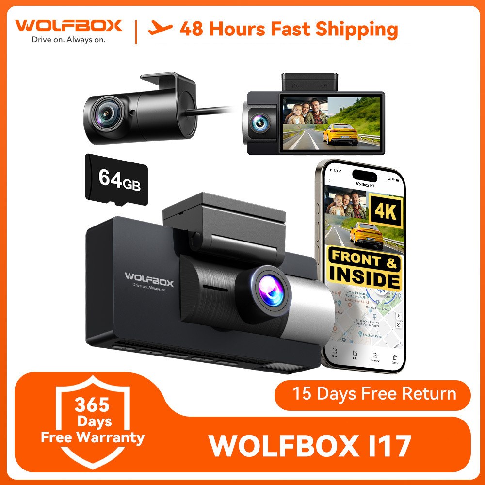 WOLFBOX I17 4K 3-Lens Dash Cam, 5G WiFi, Front/Cabin/Rear Cameras, GPS ...