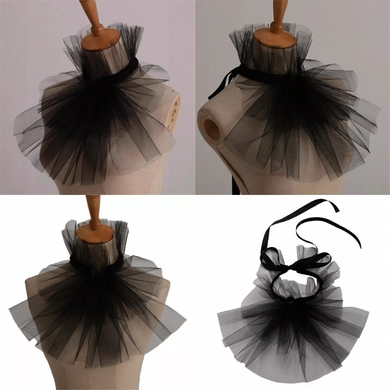 Mo* Colonial Victorian Black Ruffled Jabot Faux Collar with Ties Neck ...
