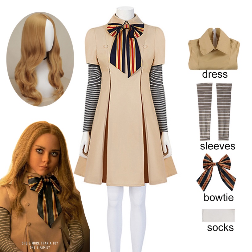 [IN STOCK] Megan M3GAN Cosplay Costume Wig Include Dress Top Socks Full ...