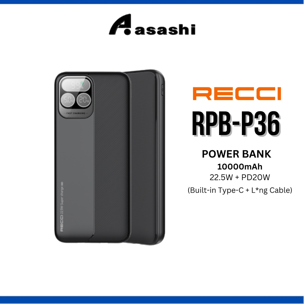 Recci P36 10000mAh / P37 20000mAh / P38 30000mAh 22.5W + PD20W Power Bank (Built-in Type-C + L ...