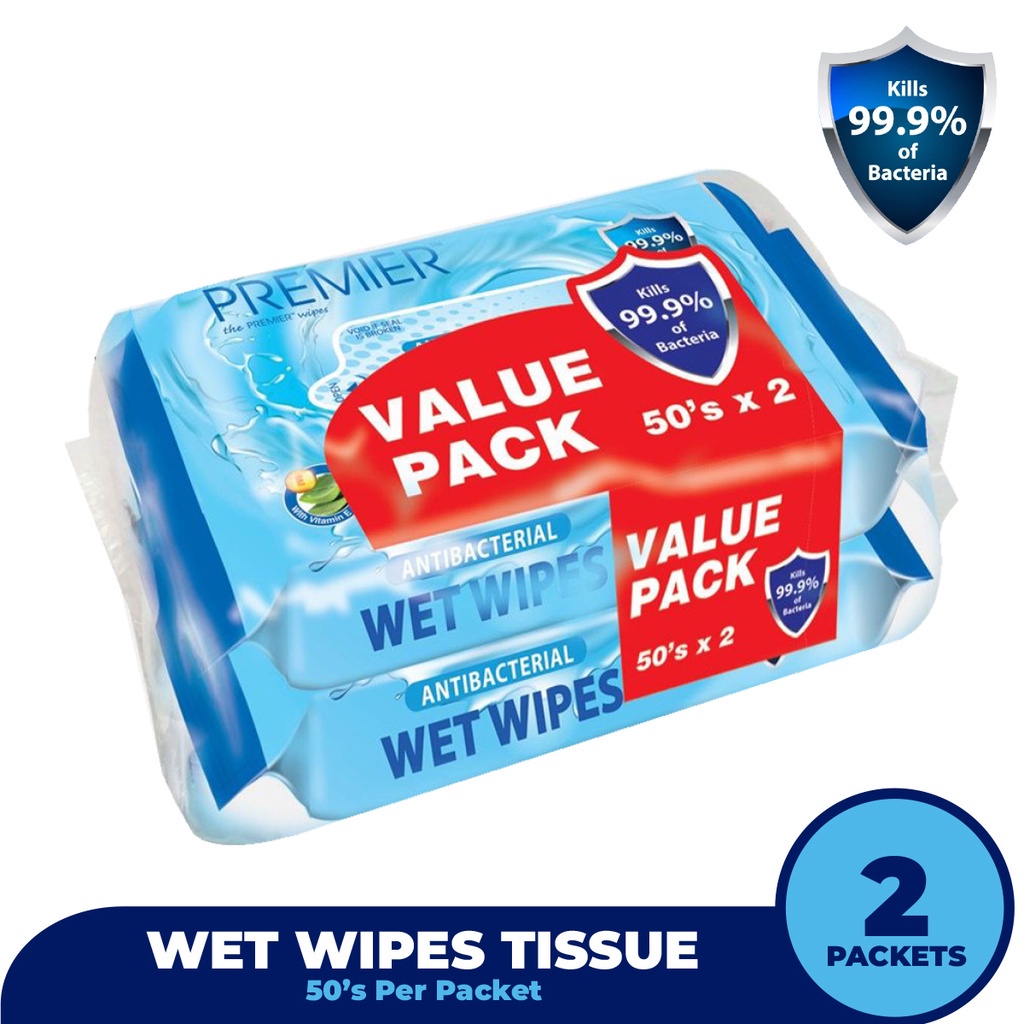 BBD Premier Antibacterial Wet Wipes Tissue 2in1 (50's x 2 Packets) L221 ...