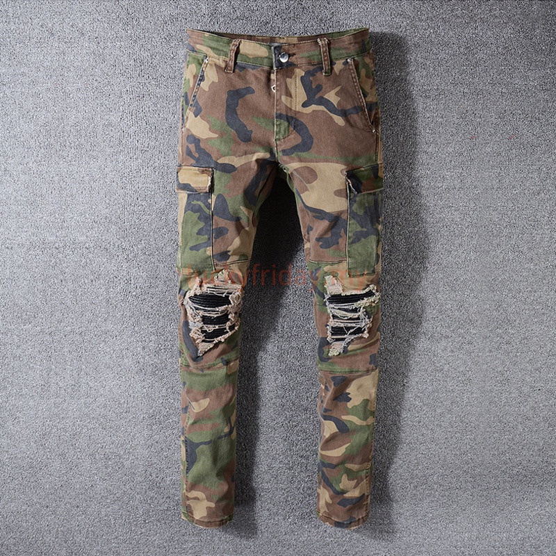 PurpleAmiri Jeans Pantalon Homme Men Camouflage Print Patchwork ...