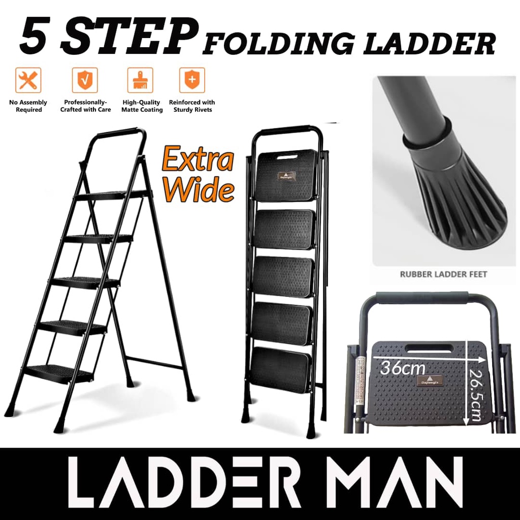 5 Step Extra Wide Anti Slip Foldable Ladder Lightweight Folding Step ...