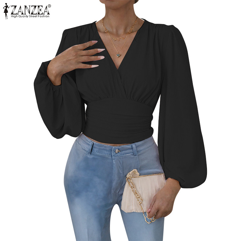 ZANZEA Celmia Women Fashion Lantern Sleeve V-Neck Waist Blouses ...