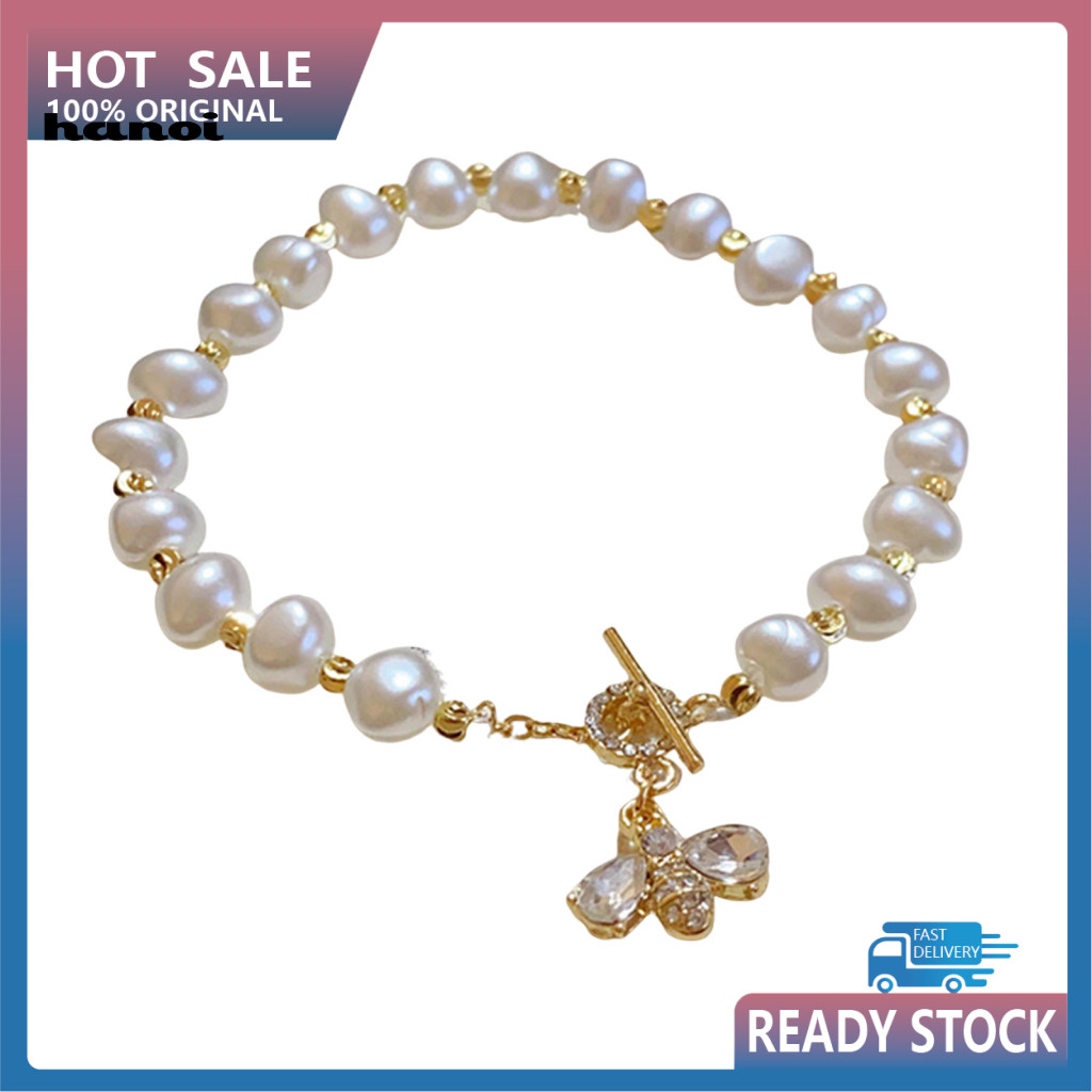 HAN_ Faux Pearl Bracelet Elegant Faux Pearl Rhinestone Bracelet for ...