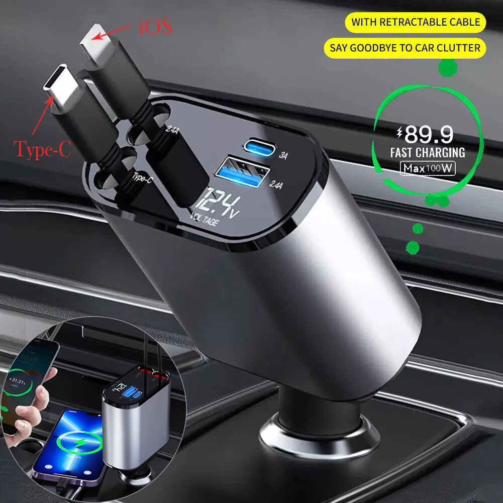 4-in-1 Car Rapid Charger 120W Retractable Mobile Charger USB Type C ...
