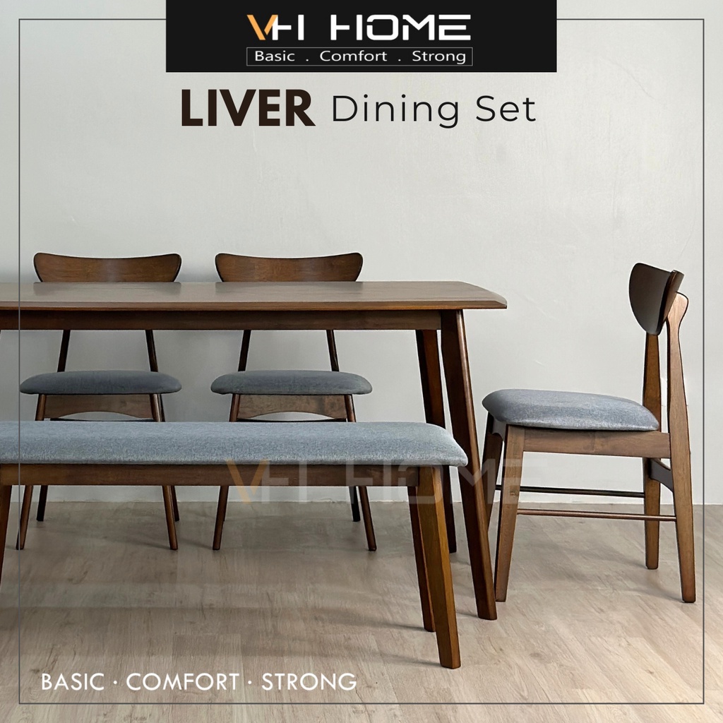 VH LIVER Dining Set 1+4 Chairs +1Bench (Fully Solid Rubber Wood ...