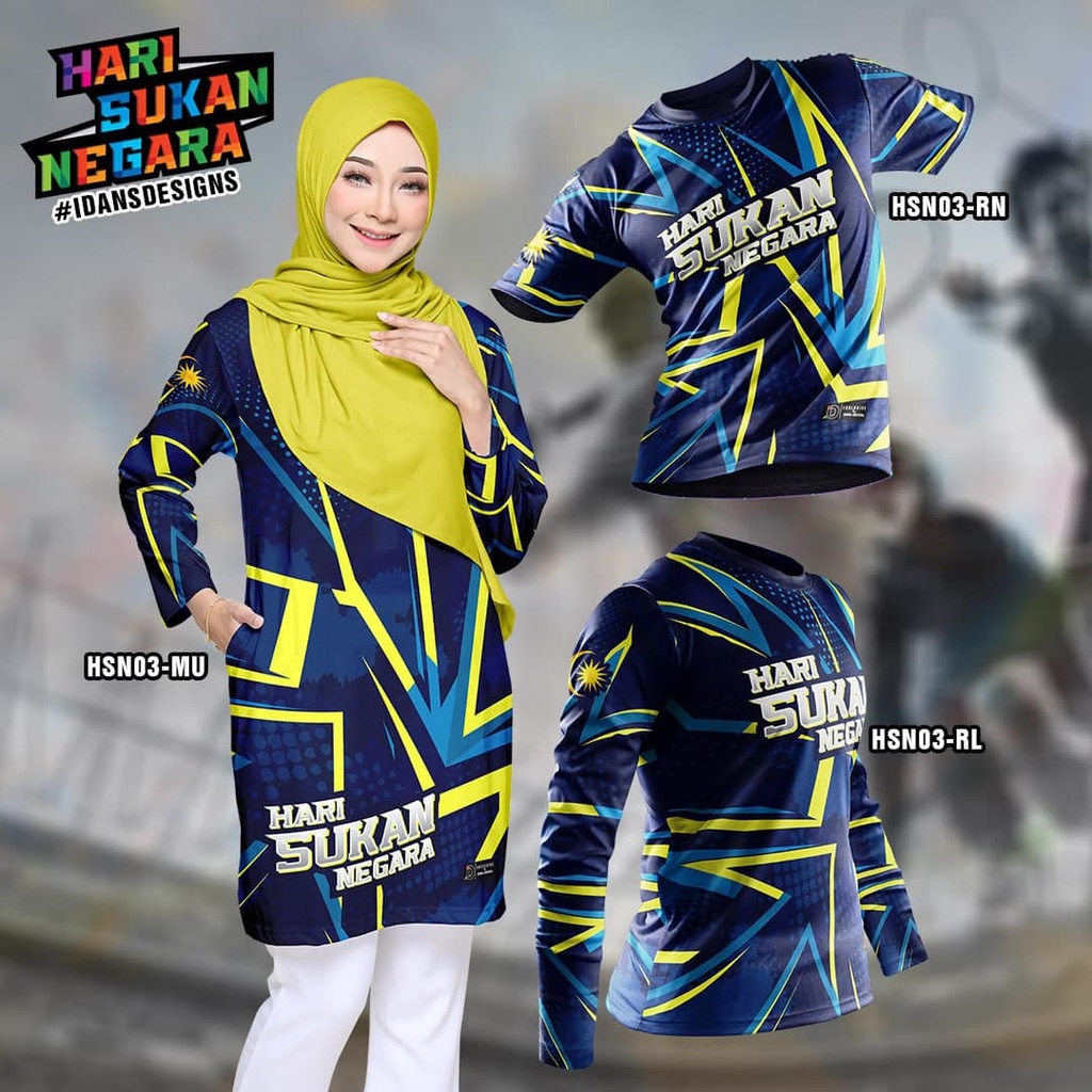 Hsn Jersey 2023 HARI SUKAN NEGARA EDITION Muslimah Long Sleeve/short Sleeve/baju Muslimah Labuh ...