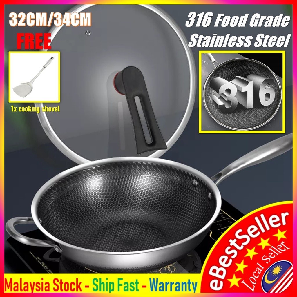 34cm/32cm Frying Pan Wok Food Grade 316 Stainless Steel Non Stick Non ...