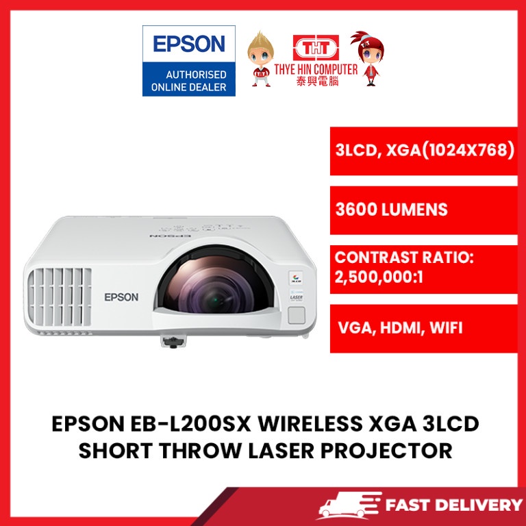 EPSON EB-L200SX WIRELESS XGA 3LCD SHORT THROW LASER PROJECTOR 3600 ...
