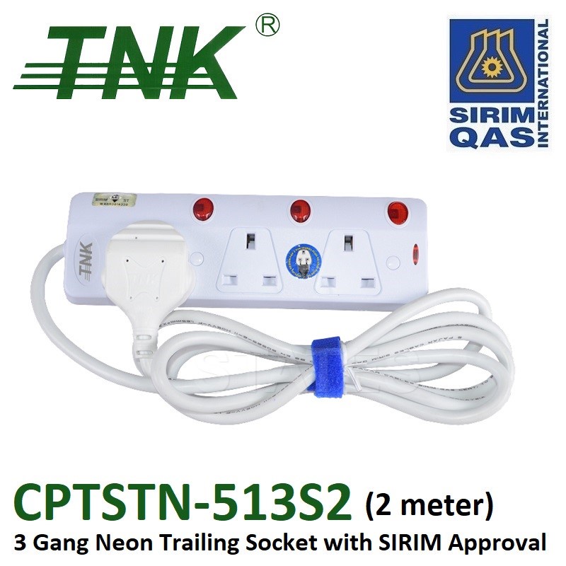 TNK 3 Gang Neon Trailing Socket with 3 Pin 13A Fuse Molded Plug 2 meter ...