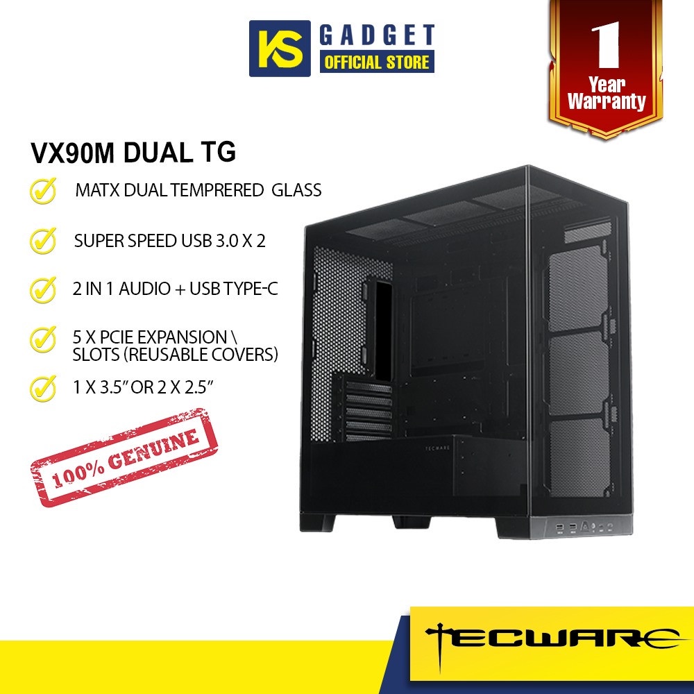 Tecware VX90M Dual TG MATX Dual Tempered Glass Chamber Case w/ USB C ...