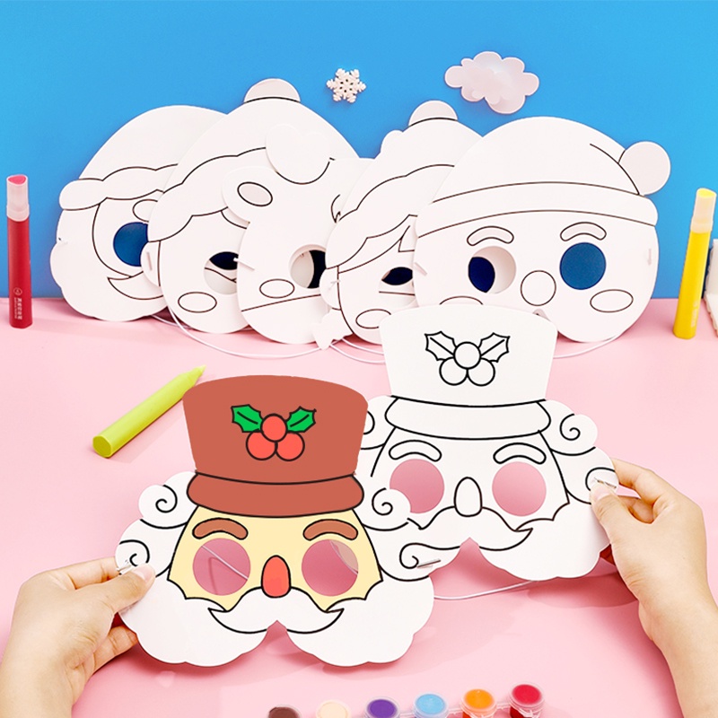 6 Pcs Cute Cartoon Christmas Paper Mask Children Colorable DIY ...