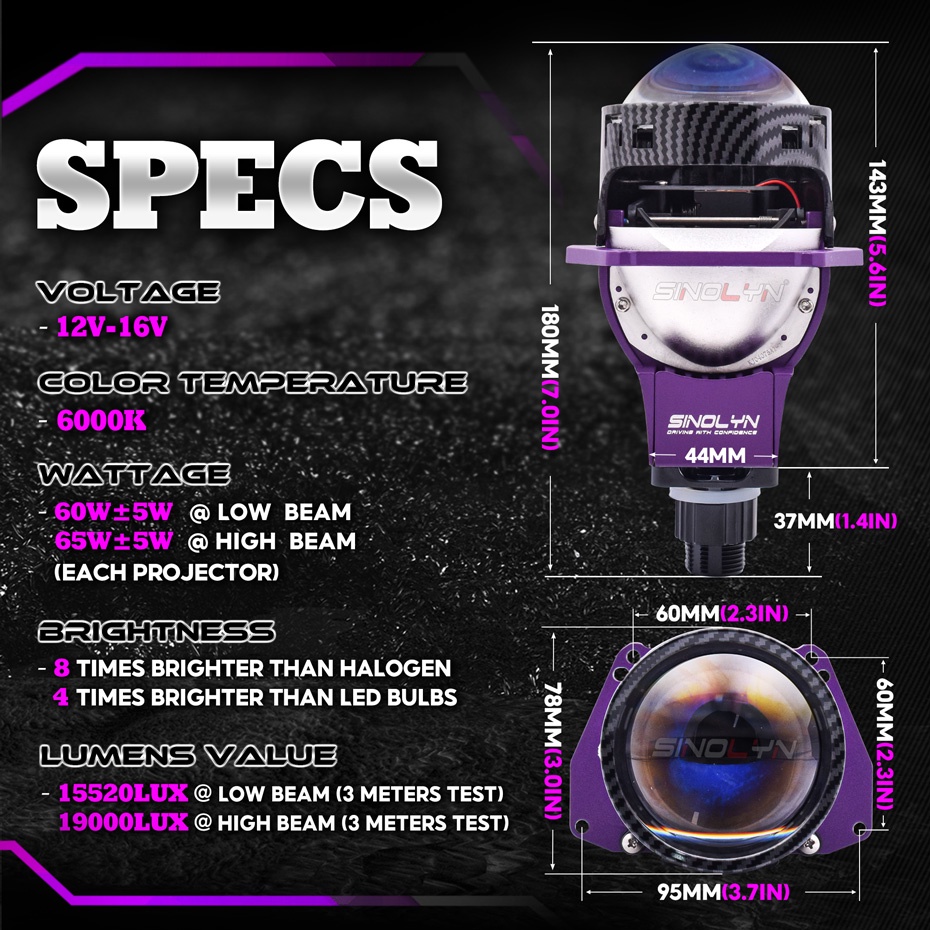 Sinolyn 1 PC 3" 65W Blue Bi LED Projector Headlamp Lens H4 H7 H1 9005 ...