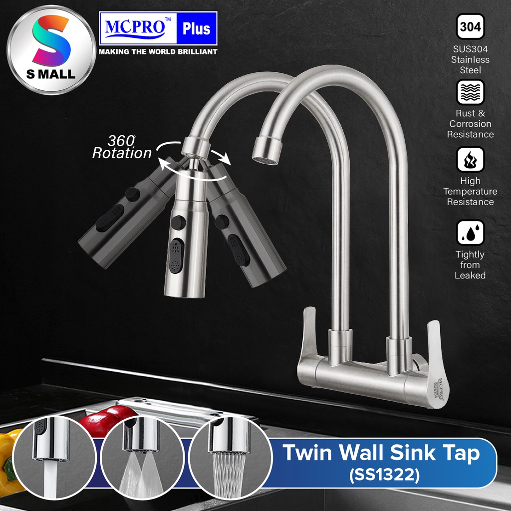 MCPRO SUS304 Stainless Steel DOUBLE TWIN WALL SINK TAP Kitchen Faucet ...
