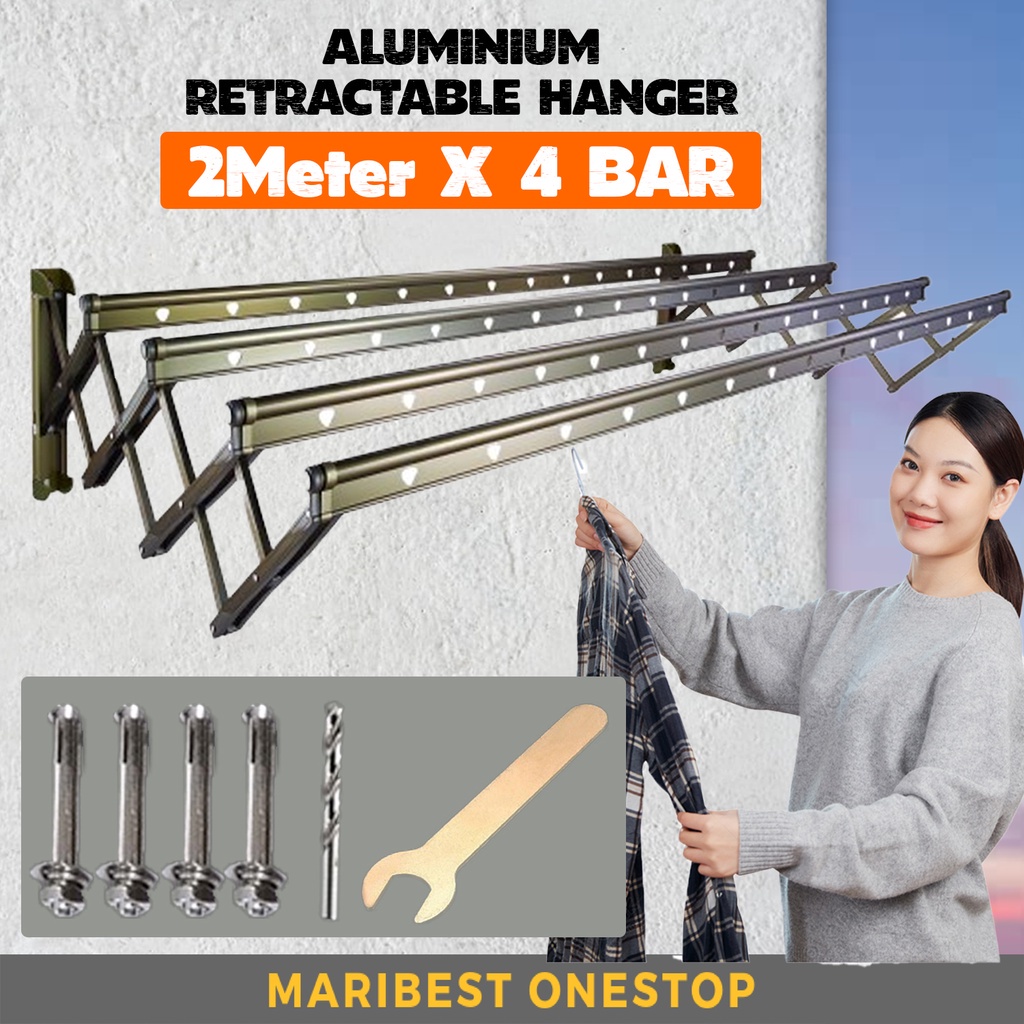 2M X 4 BAR ALUMINIUM RETRACTABLE WALL CLOTH HANGER Drying Rack Outdoor ...