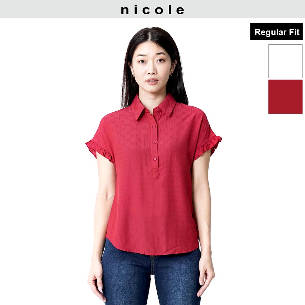 Nicole Fold Over Collar Loose Fit Sleeve Opening with Frill Blouse (2 ...