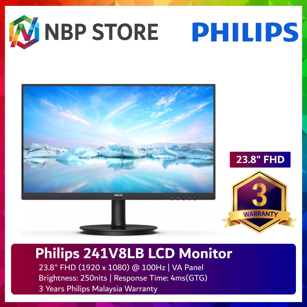 Philips 241V8LB 23.8" FHD 100Hz Monitor Black ( HDMI, VGA, 3 Yrs ...