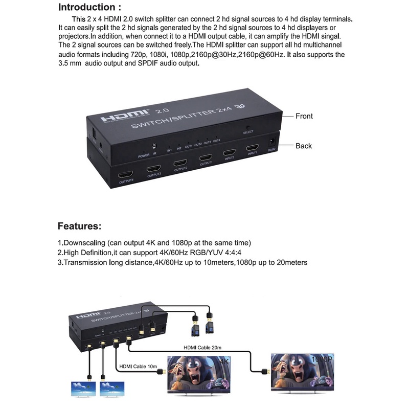 4K HDMI Switcher Splitter 2 In 8 out HDMI Switcher 4K 60Hz 2x2 2x4 2x8 3D Video Converter ...