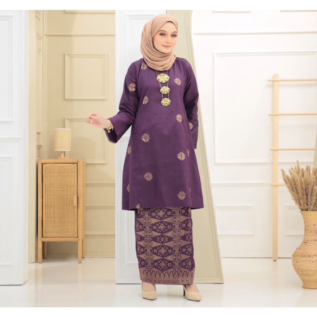 BAJU KURUNG PAHANG SONGKET COTTON TENUN CORAK BUNGA TABUR DARK PURPLE ...