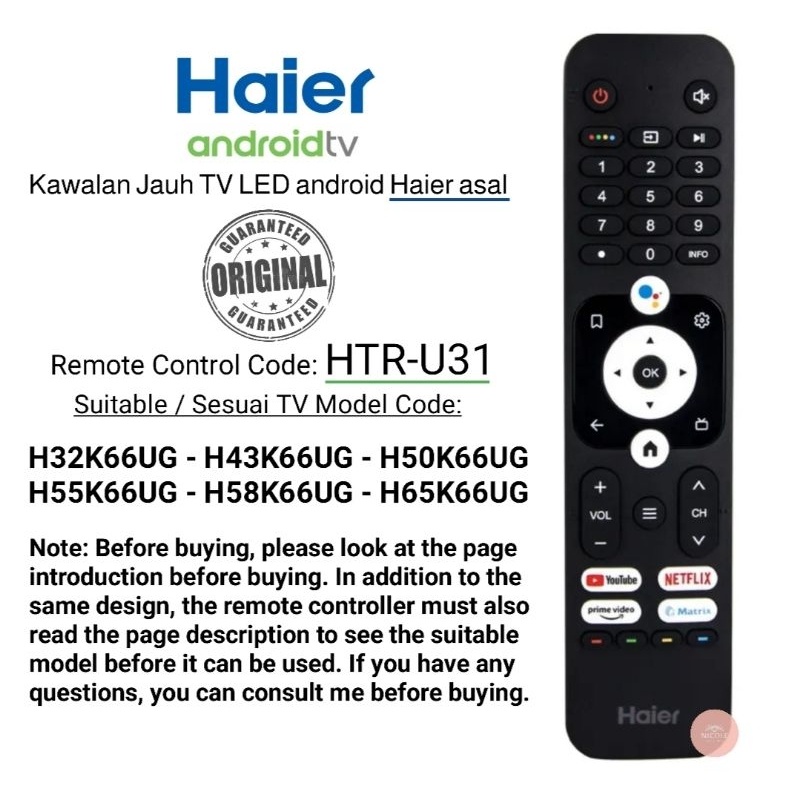 Haier HTR-U31 Android LED TV Remote Control Is Suitable for H32K66UG Plus and H43K66UG Plus ...