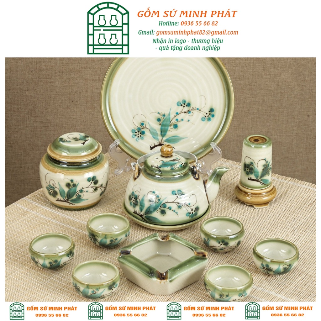Hand-painted Bat Trang tea set in the style of crab basket painted with ...