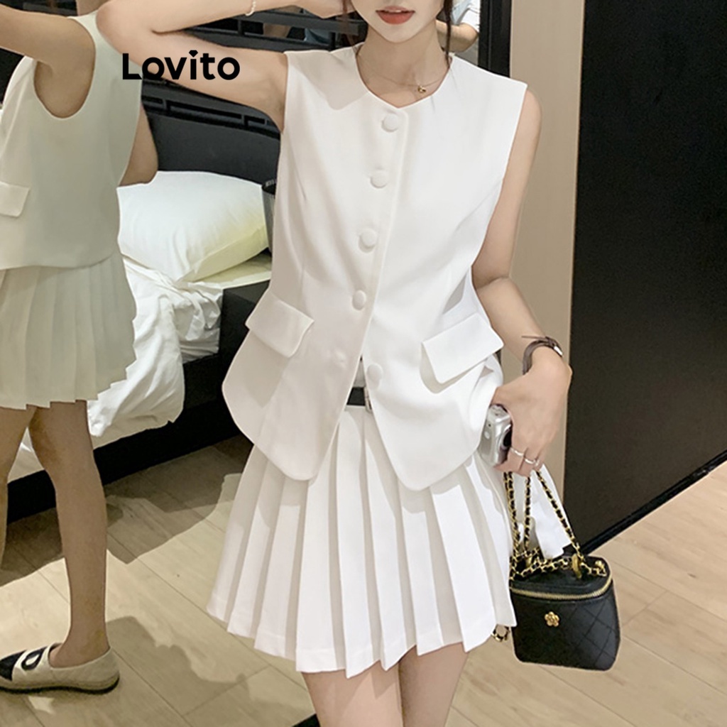 Lovito Casual Plain Pleated Skirt Sets for Women LNA16040 (Style 1 ...