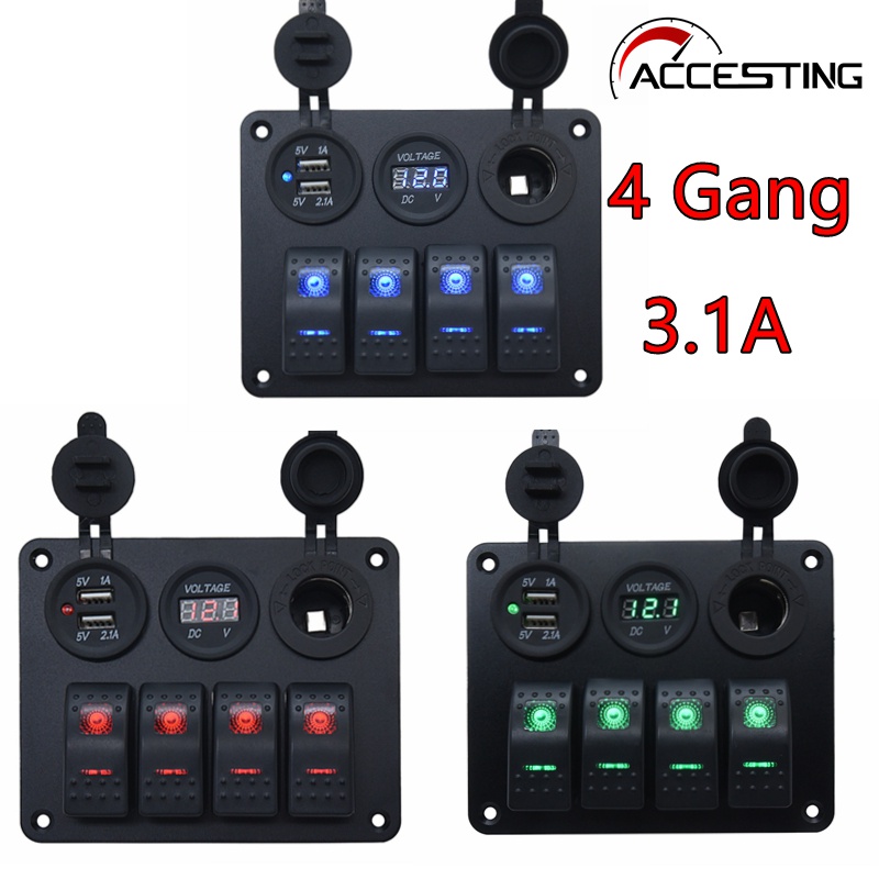 4 Gang 5V 3.1A Rocker switch panel Dual USB Charging Control Switch ...
