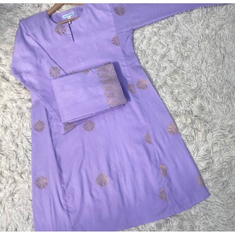 BAJU KURUNG PAHANG SONGKET COTTON TENUN CORAK BUNGA TABUR LILAC GOLD ...