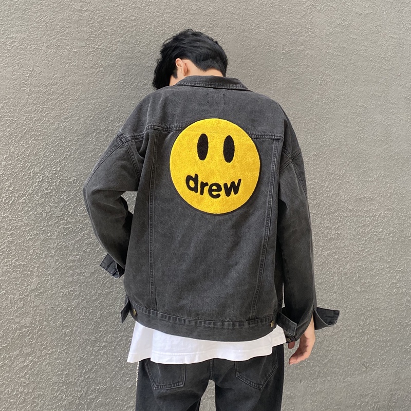 Justin Bieber drew black flocked smiley face embroidered denim jacket ...