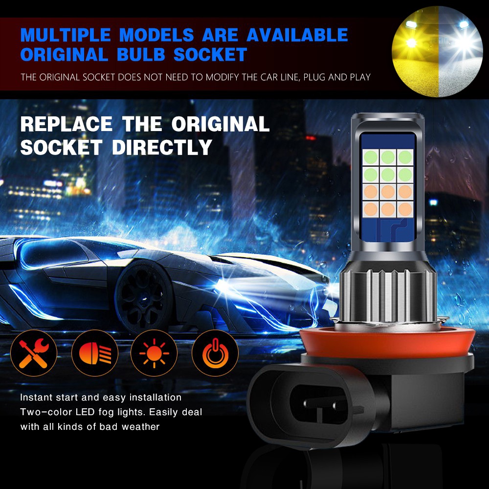 2Pcs 24SMD Auto Fog Light Two-Color LED Car Light H8 H11 H3 H4 H7 9005 HB3 9006 HB4 H16 P13W Day ...