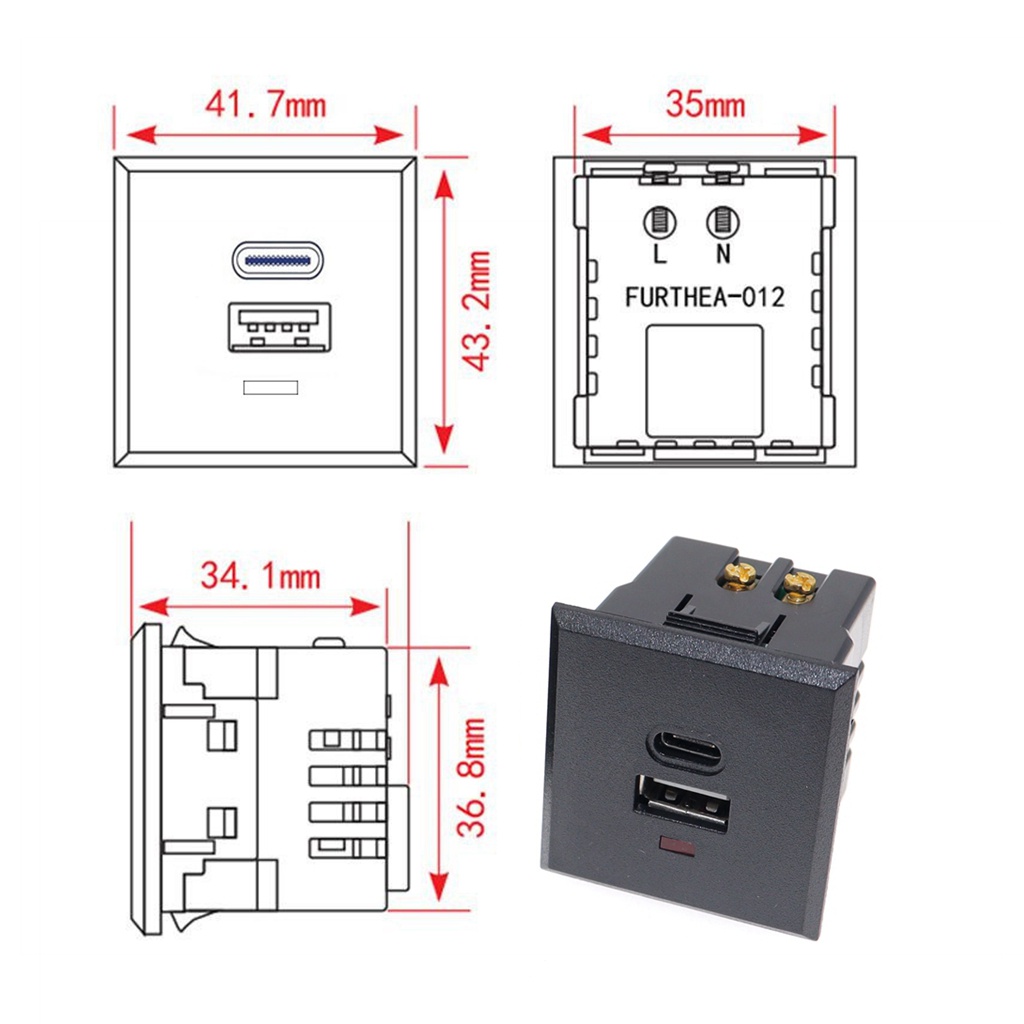 USB+Type-C AC Power Socket Embedded Desktop Receptacle DC Charging ...