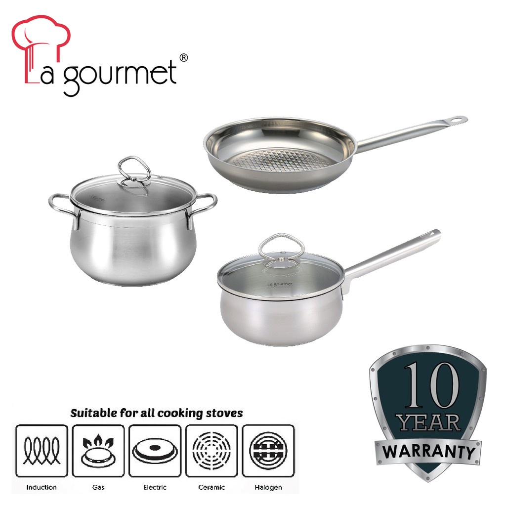 La gourmet Classic Stainless Steel Set: 28cm Grill Pan (IH) + 24cm Casserole (IH) + 16cm ...