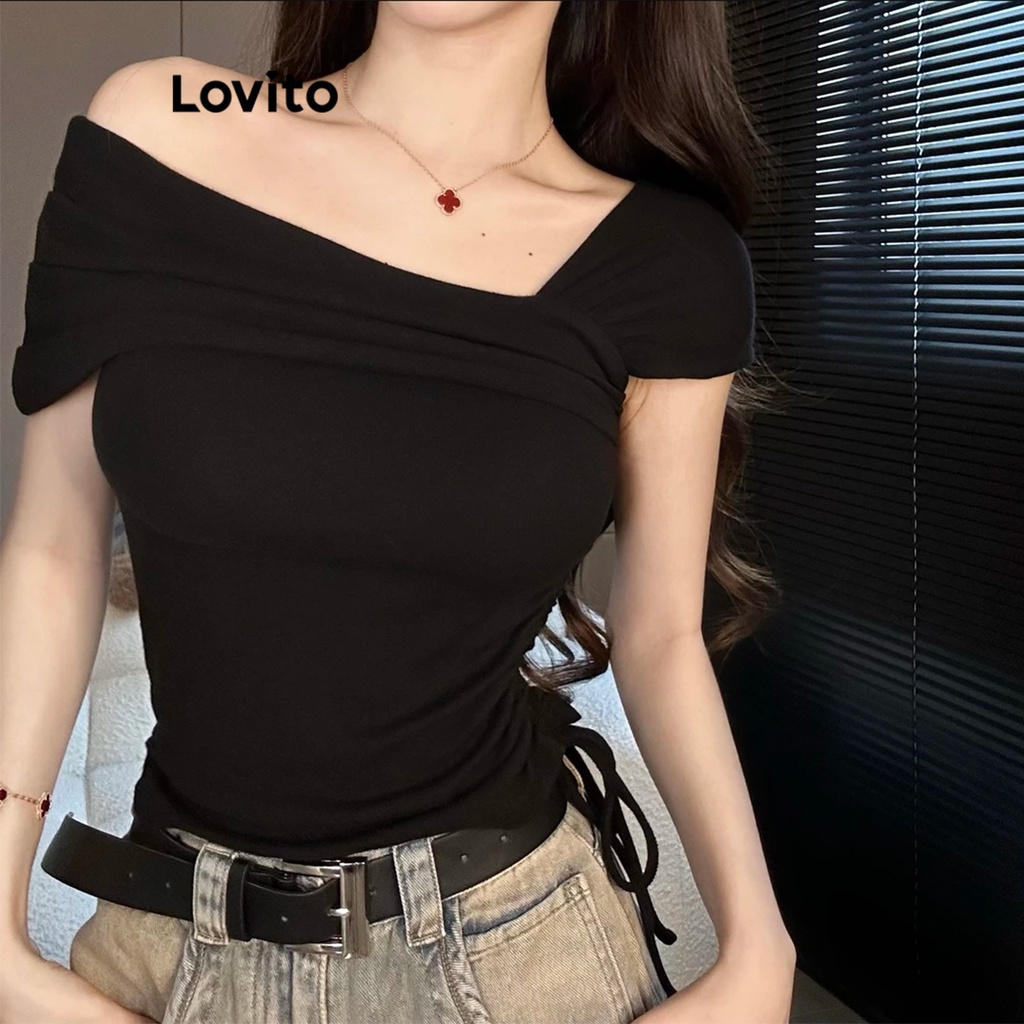 Lovito Casual Plain Asymmetrical Ruched Drawstring T-Shirt for Women LNE30028 (Coffee/White ...