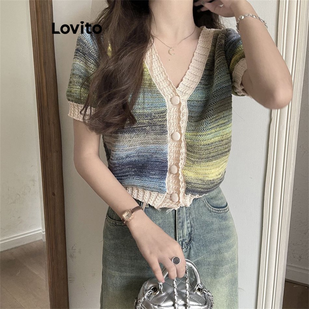 Lovito Casual Tie Dye Button Front Colorblock Cardigans for Women ...