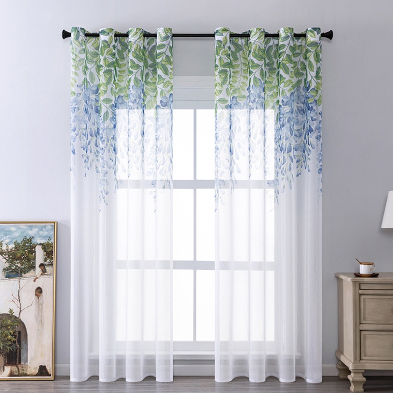 Rustic Blue Green Leaves Vine Printed Sheer Curtain for Living Room ...