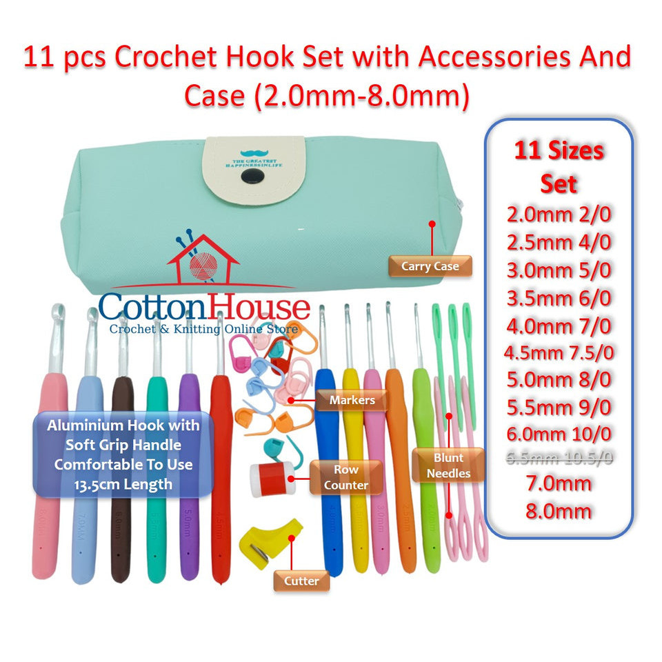 11 pcs Crochet Hook Set with Accessories And Case (2.0mm-8.0mm) Green ...