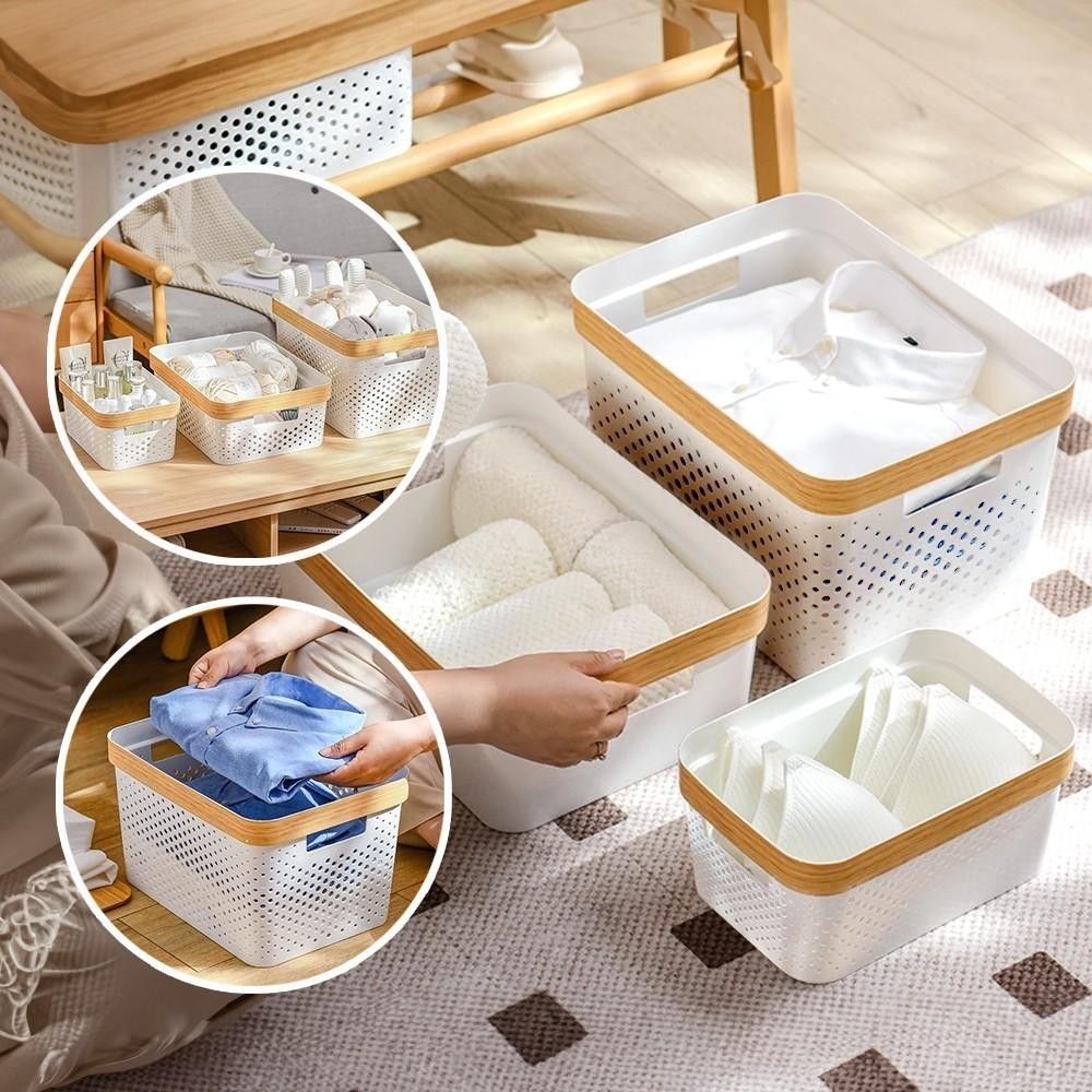 Wooden Bathroom Bedroom Storage Container Box Basket Plastic Home ...