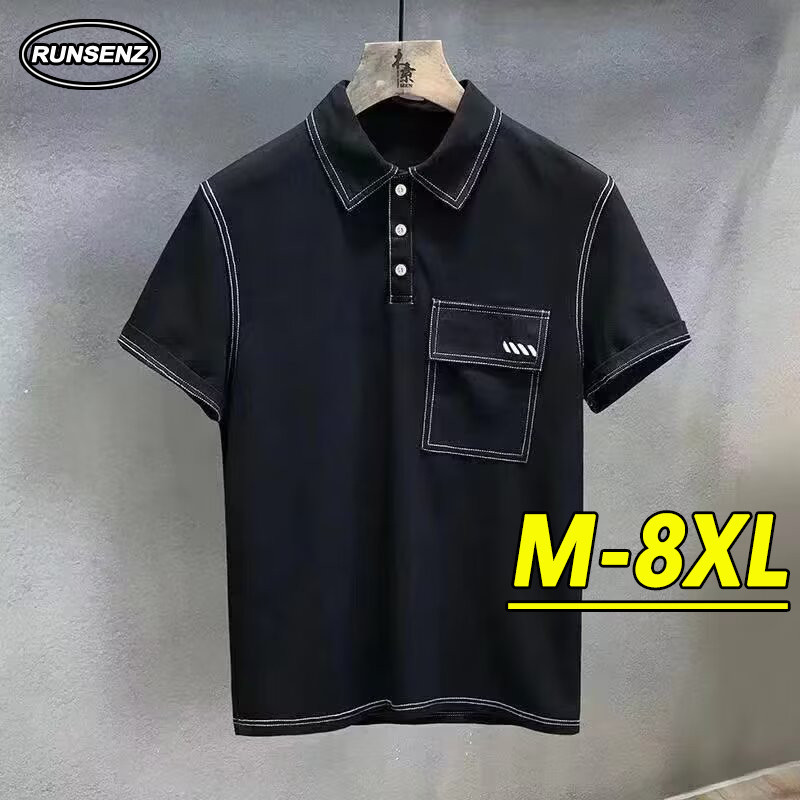 M-8XL Fat Man Black Cargo Stripe Polo Shirt Men Causal Loose Work Top Plus Size Short Sleeve T ...