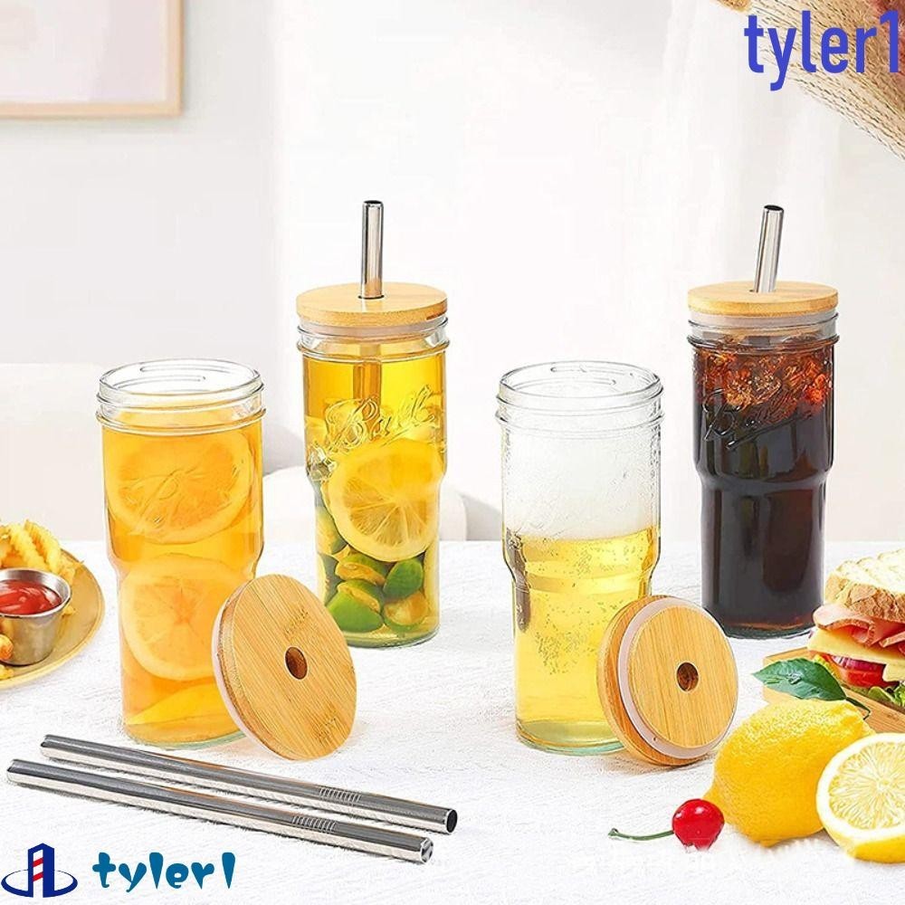 TYLER1 Glass Boba Cup, Bamboo Lids with Straw Glass Bubble Tea Cup ...